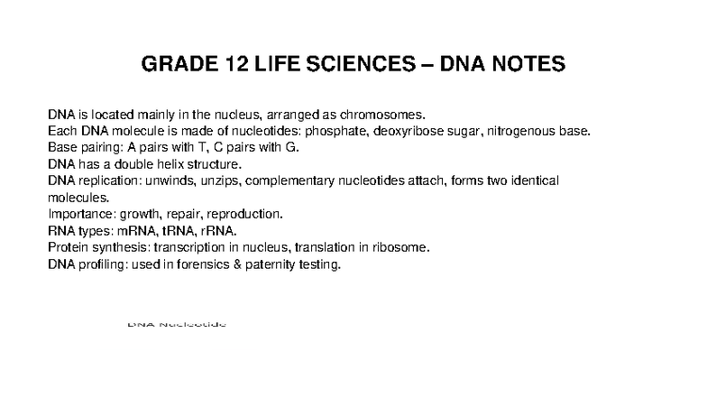 GRADE 12 LIFE SCIENCES DNA STRUCTURE & FUNCTION NOTES - Studocu