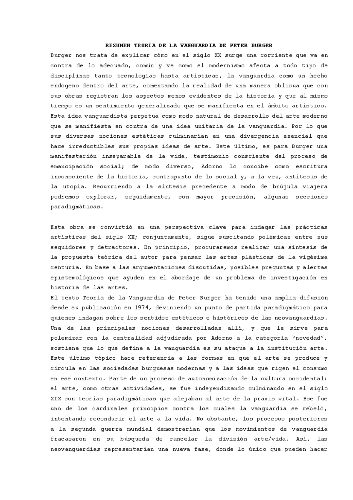 Resumen de la Teoría de la Vanguardia de Peter Burger (1974) - Studocu