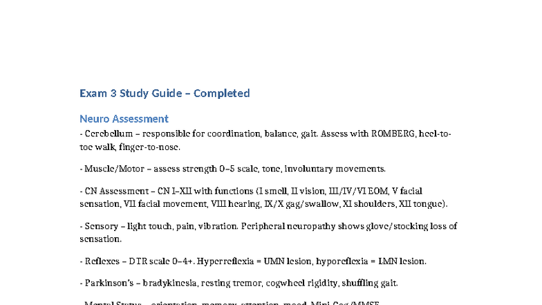 Exam 3 Study Guide: Comprehensive Neuro & GU Assessment - Studocu
