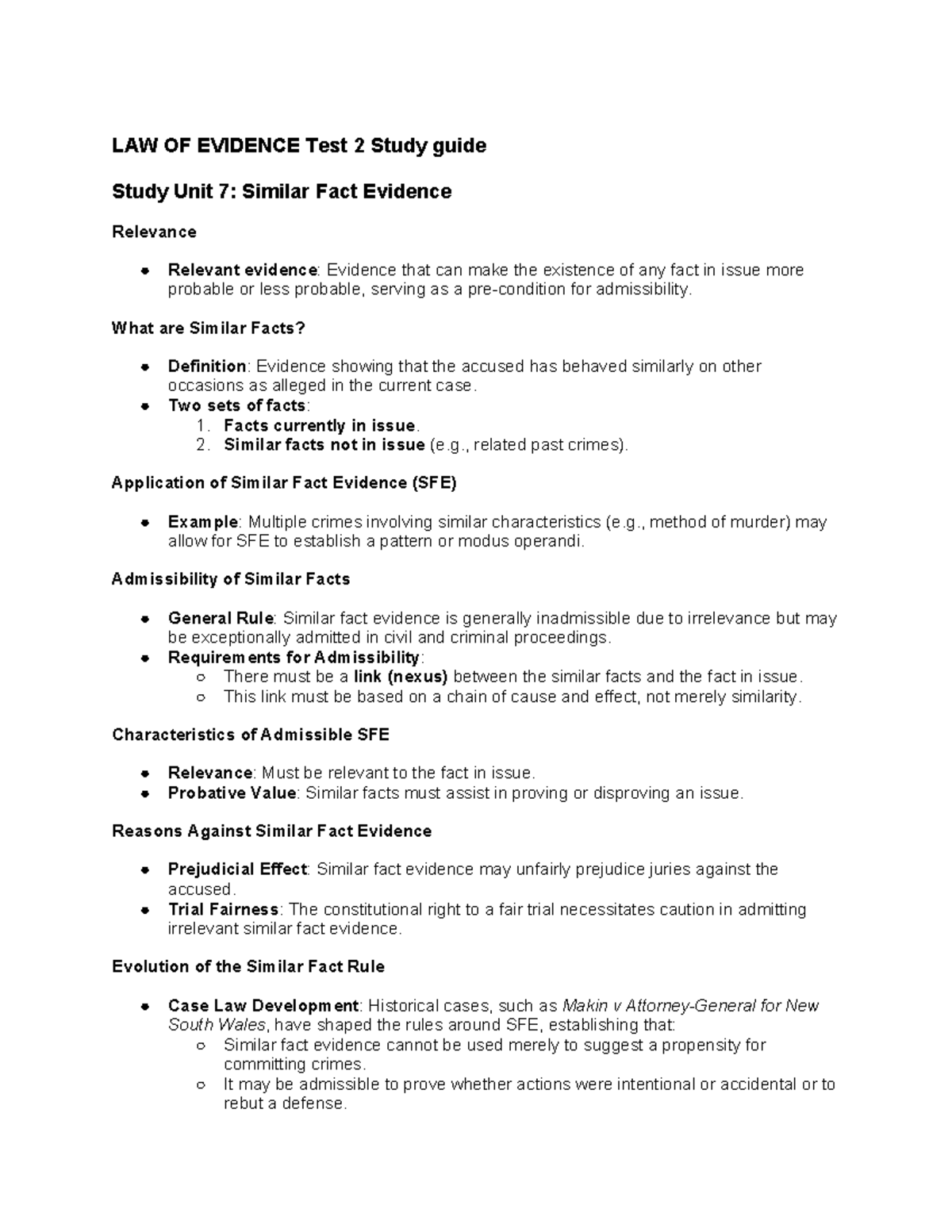 LAW OF EVIDENCE Test 2 Study Guide: Similar Fact & Expert Evidence ...