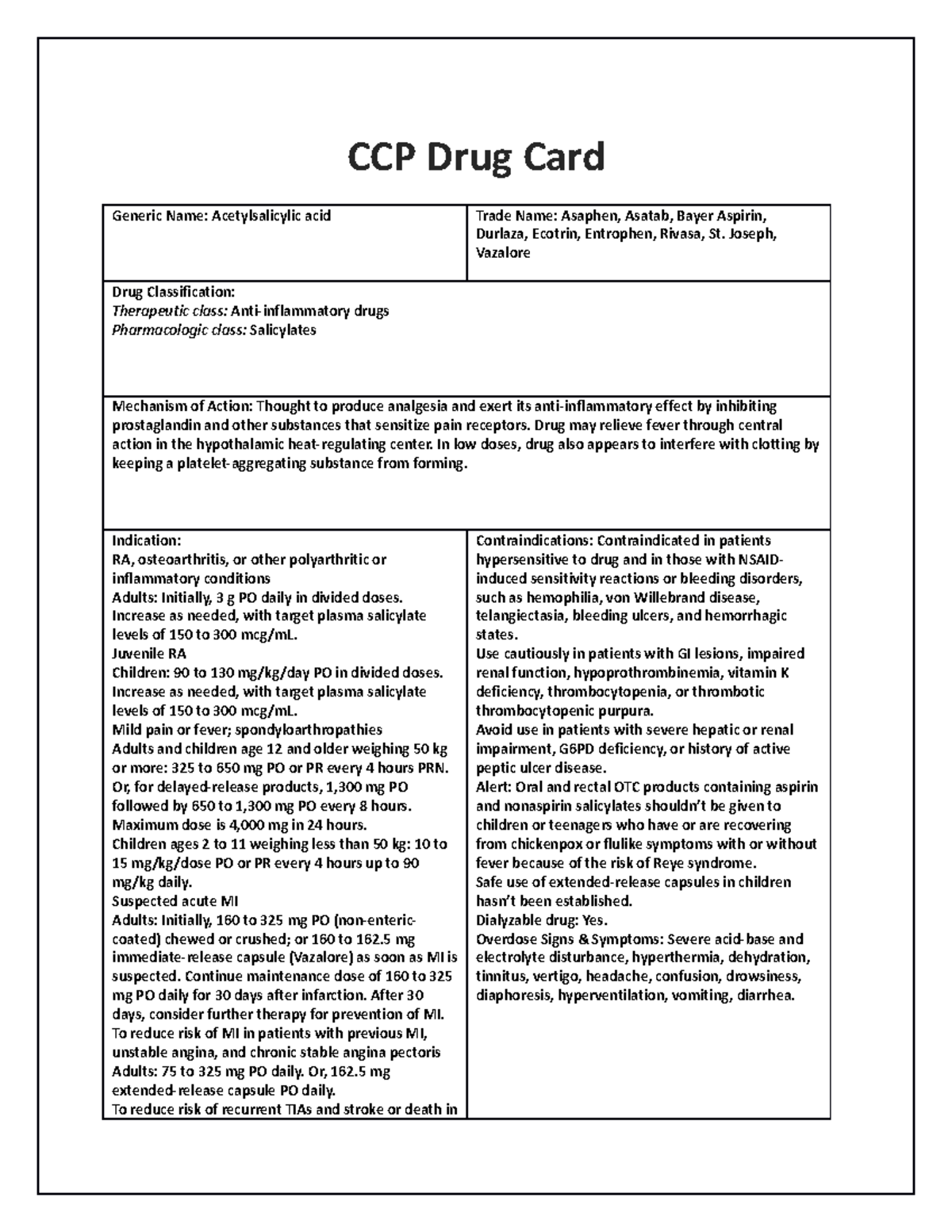 CCP Drug Card - Acetylsalicylic Acid Overview and Safety Guide - Studocu