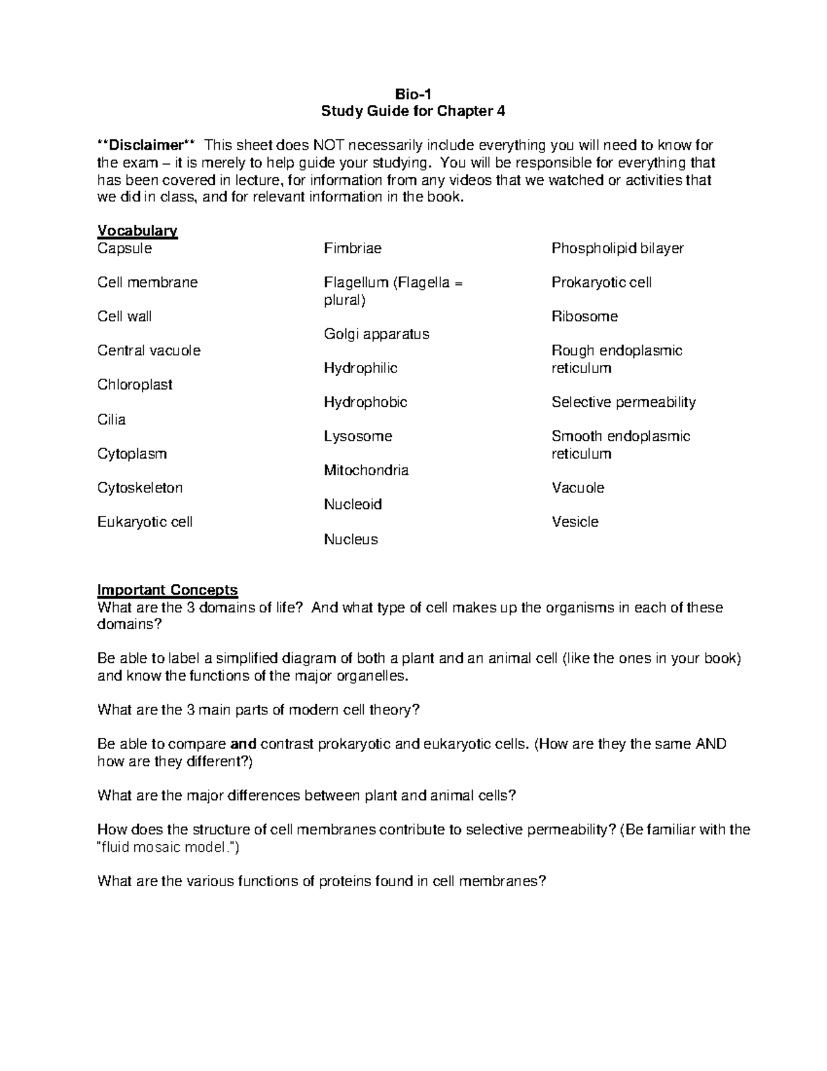 Bio-1 Study Guide: Chapter 4 - Cell Structure & Function - Studocu