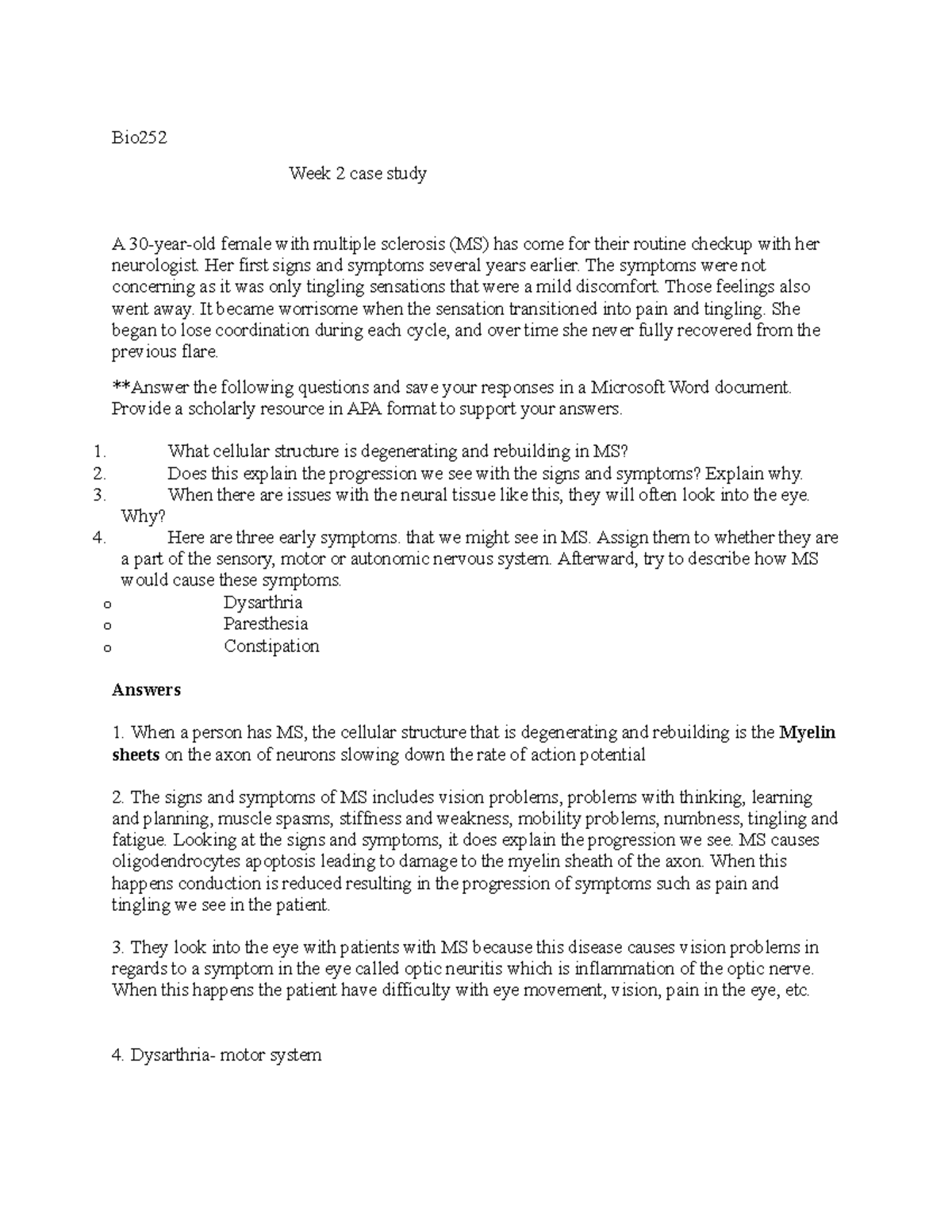 BIO 202 Week 2 Case Study: Understanding Multiple Sclerosis - Studocu