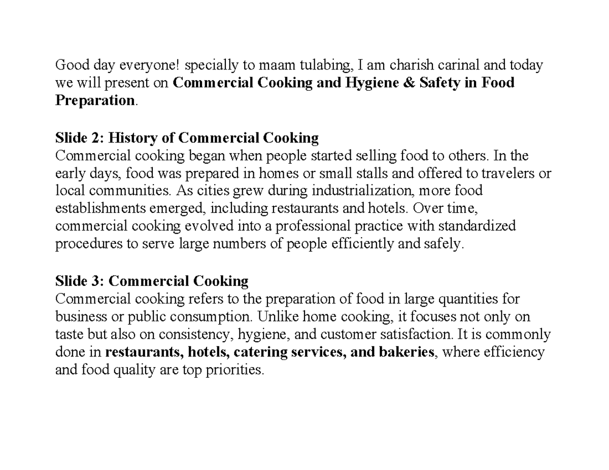Commercial Cooking & Hygiene Safety in Food Prep - Presentation - Studocu