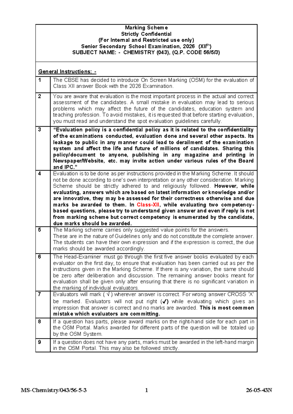 Marking Scheme for CBSE Class XII Chemistry Exam 2026 (043) - Studocu