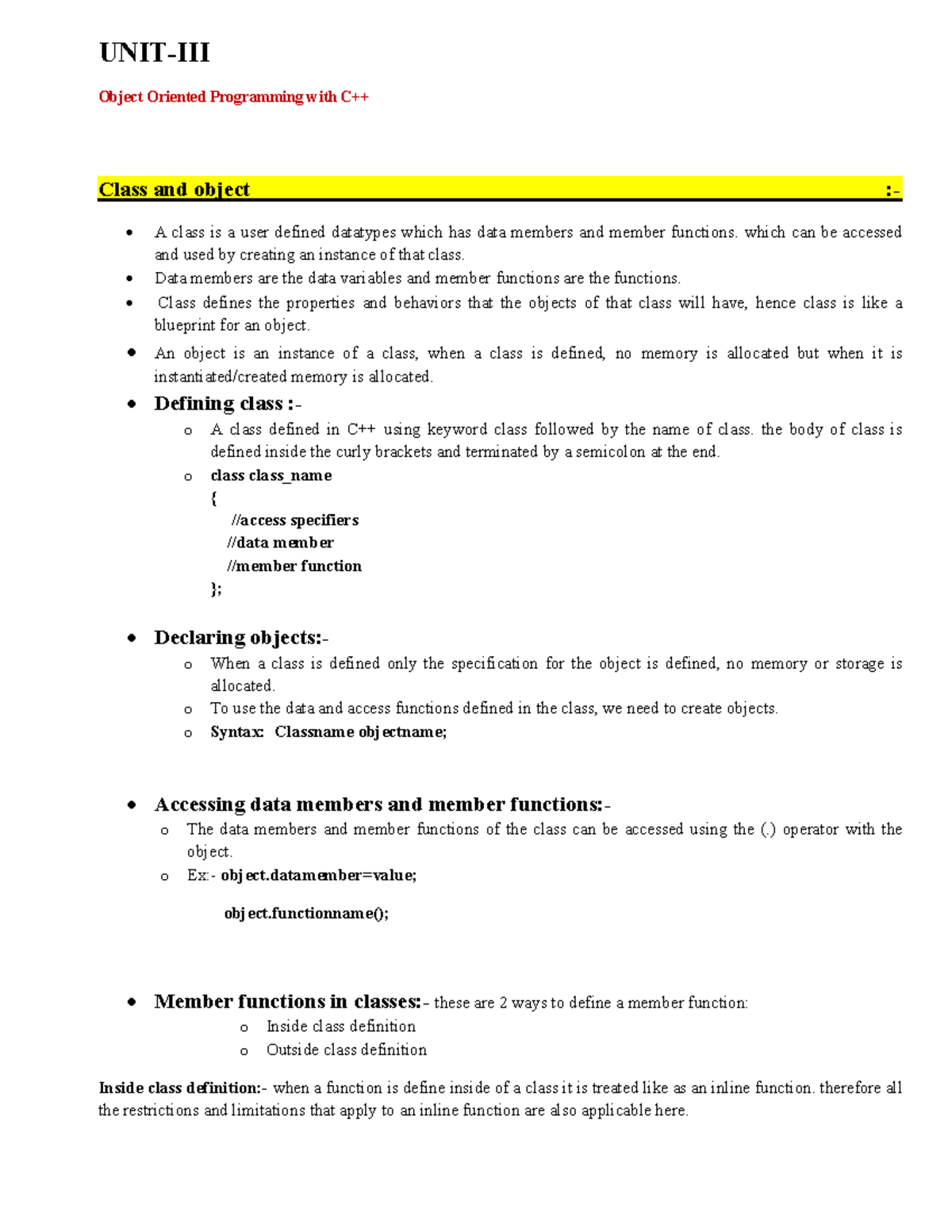 Unit III CPP - Important Topics on Object Oriented Programming - Studocu