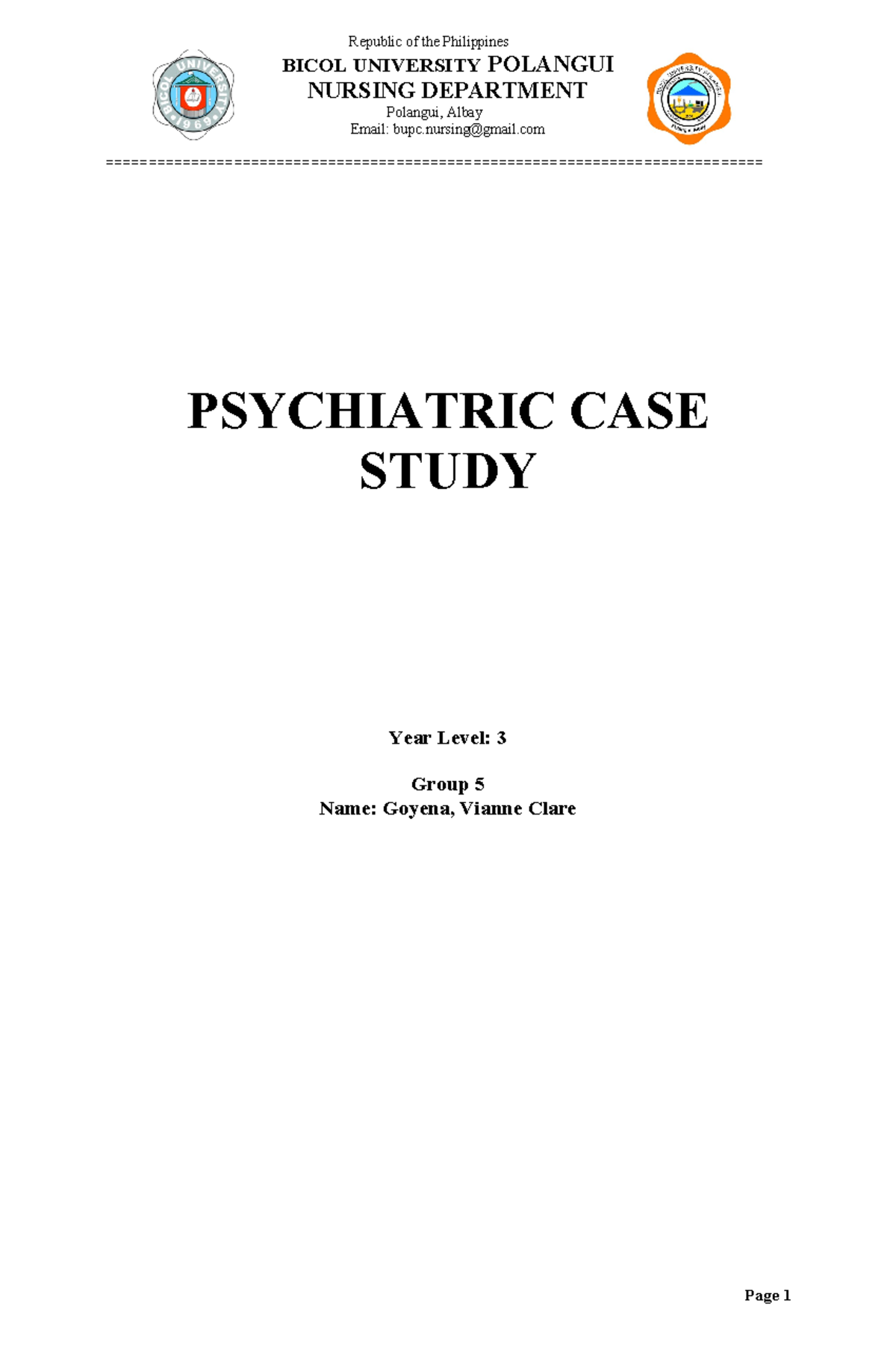 Psychiatric Case Study: Group 5 - Nursing Dept. 3rd Year - Studocu