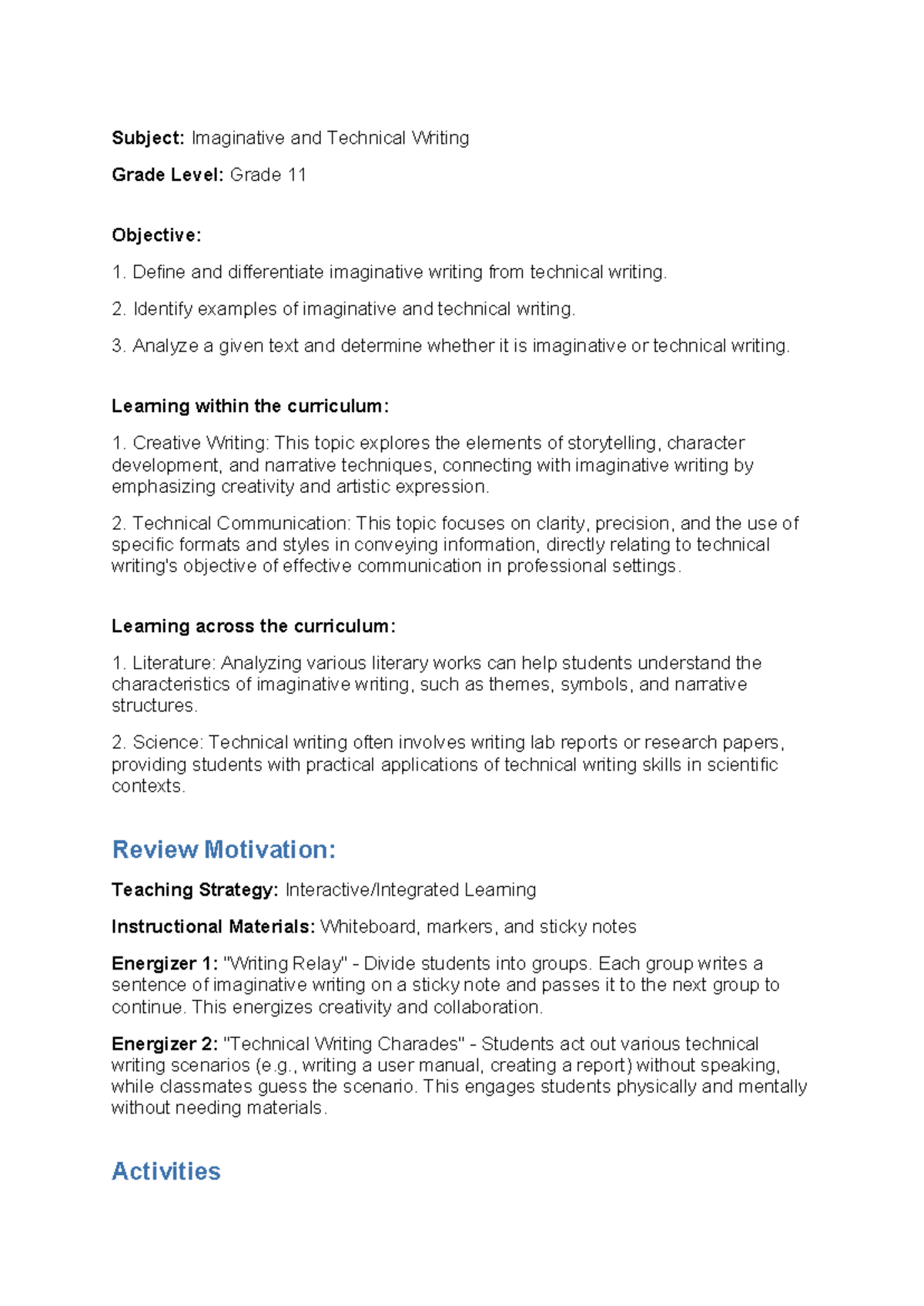Lesson Plan: Imaginative vs. Technical Writing (Grade 11) - CBM - Studocu