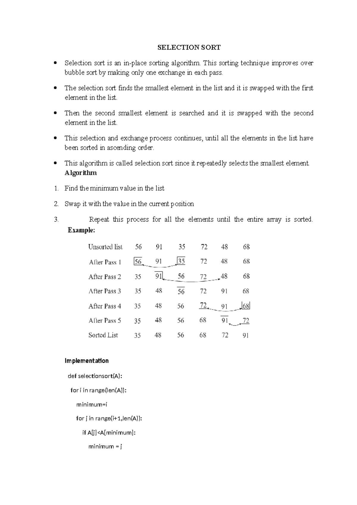 Selection Sort - Algorithm Overview and Implementation Notes - Studocu