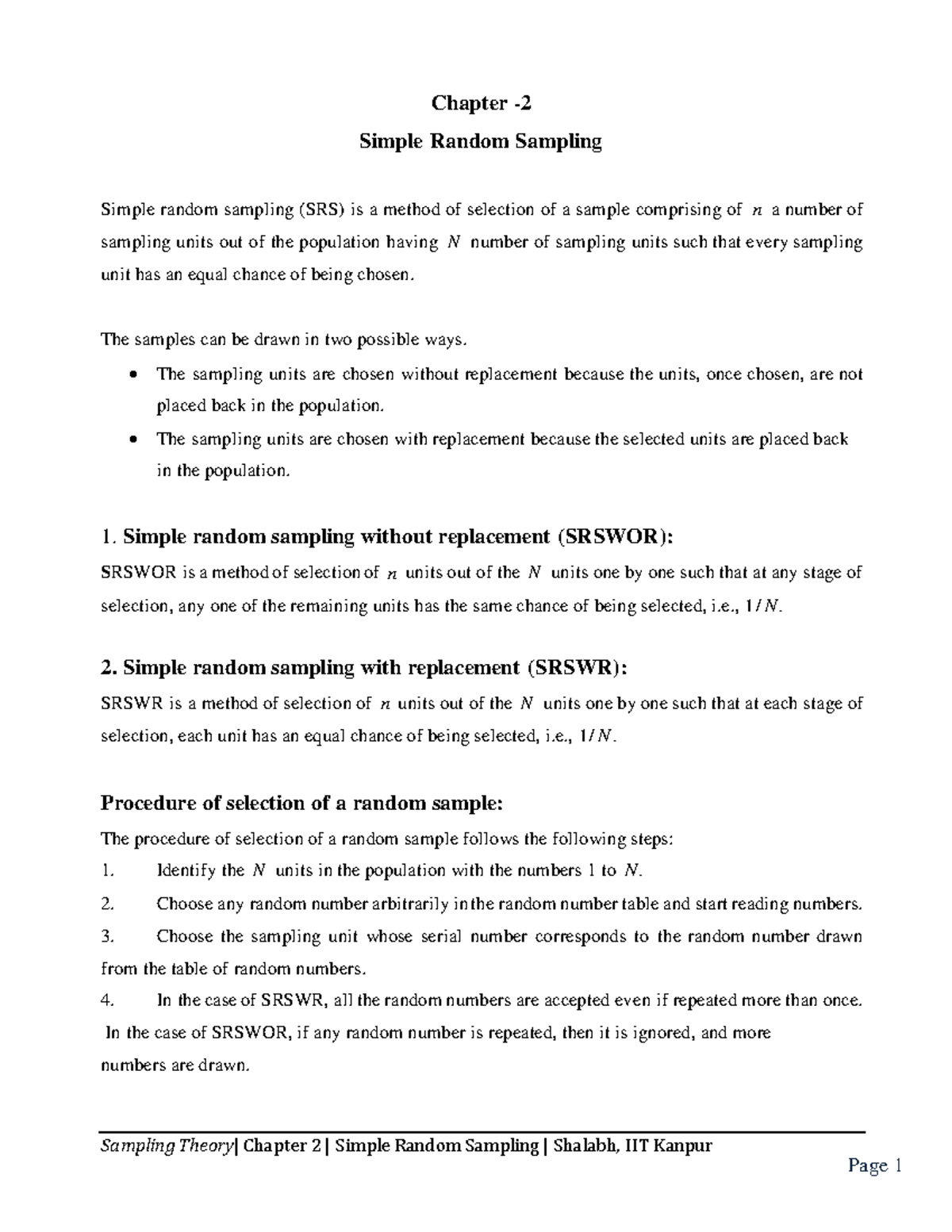 Chapter 2 - Sampling Techniques: Simple Random Sampling (SRS) - Studocu
