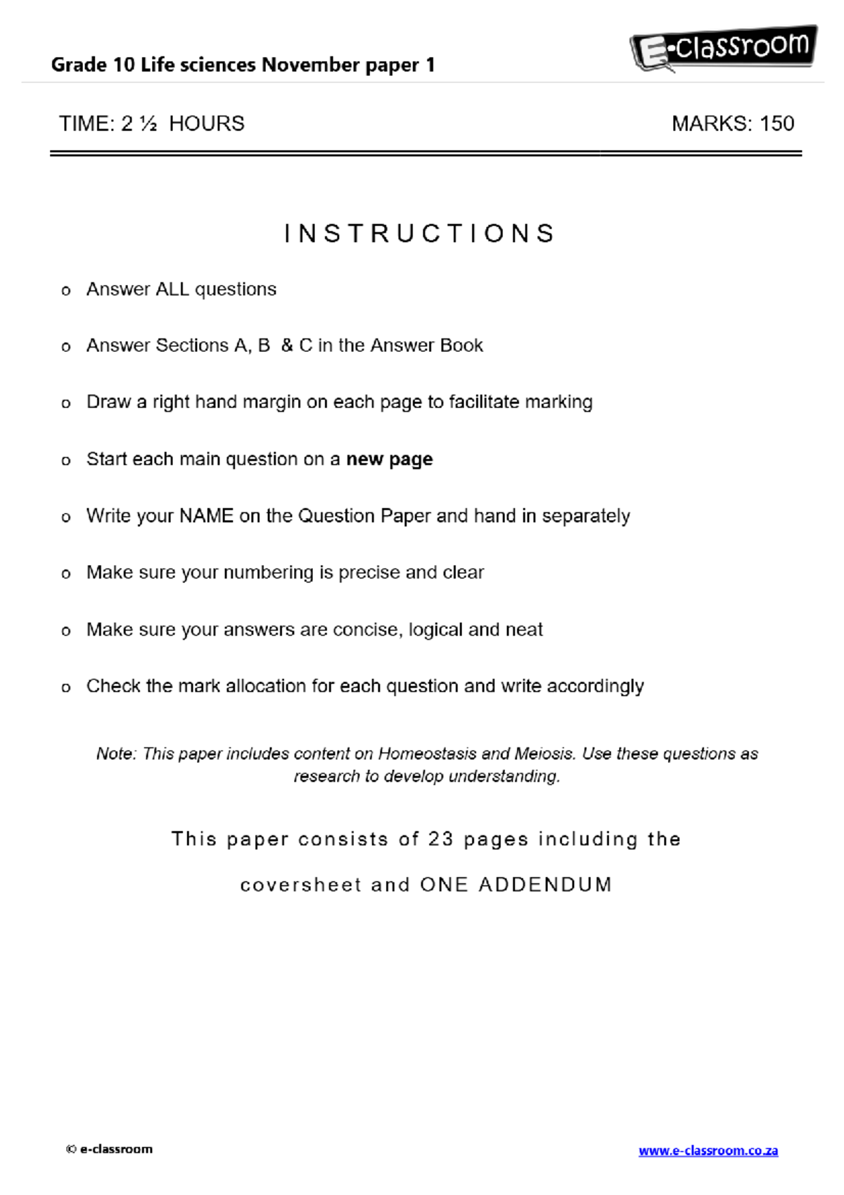 Grade 10 Life Sciences - Term 4 November Exam Paper 1 - Studocu
