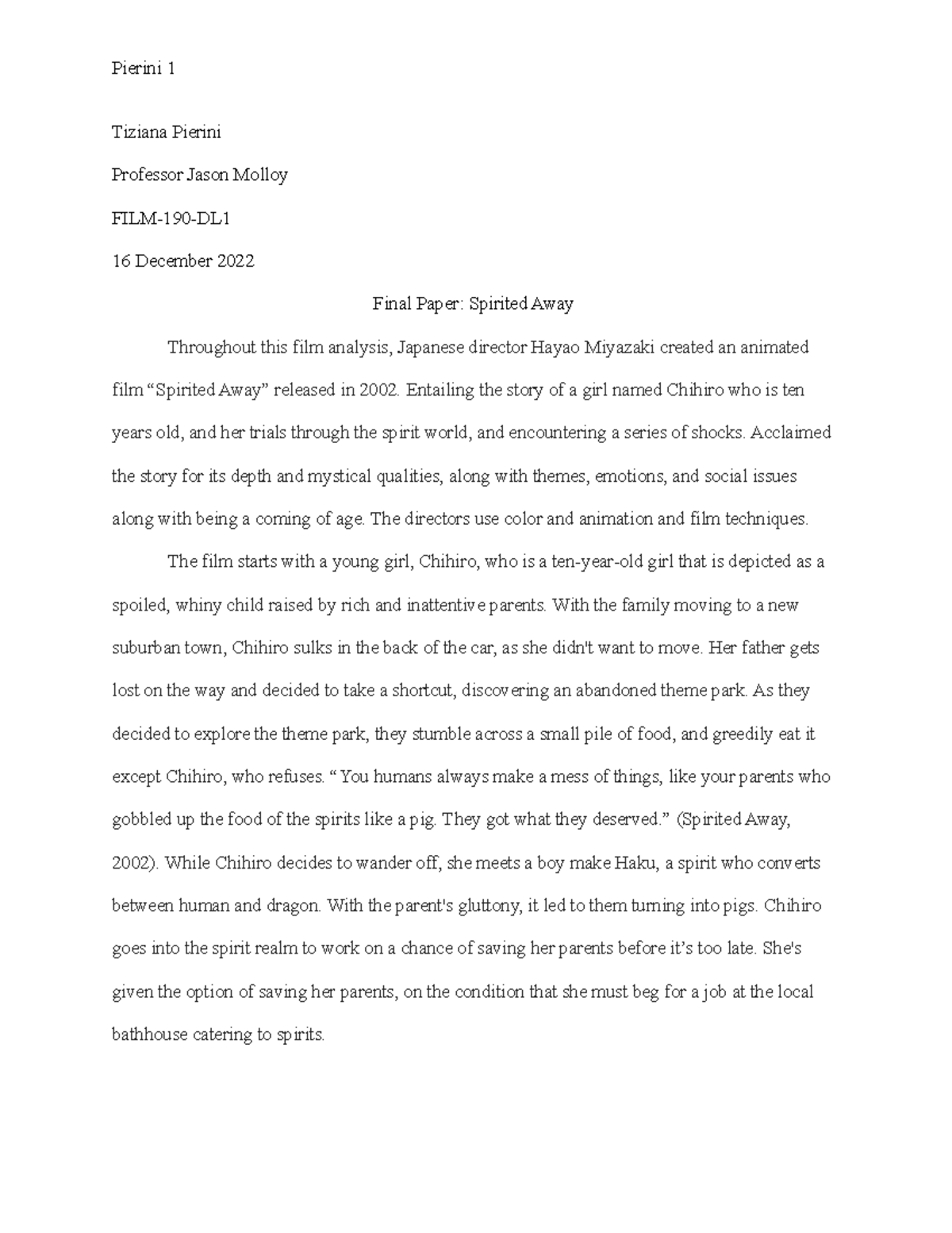FILM-190-DL: Final Paper Analysis of Spirited Away's Themes - Studocu