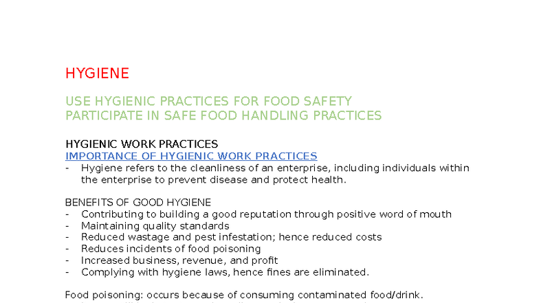 HOSPO 101: Hygiene Practices for Safe Food Handling and Safety - Studocu