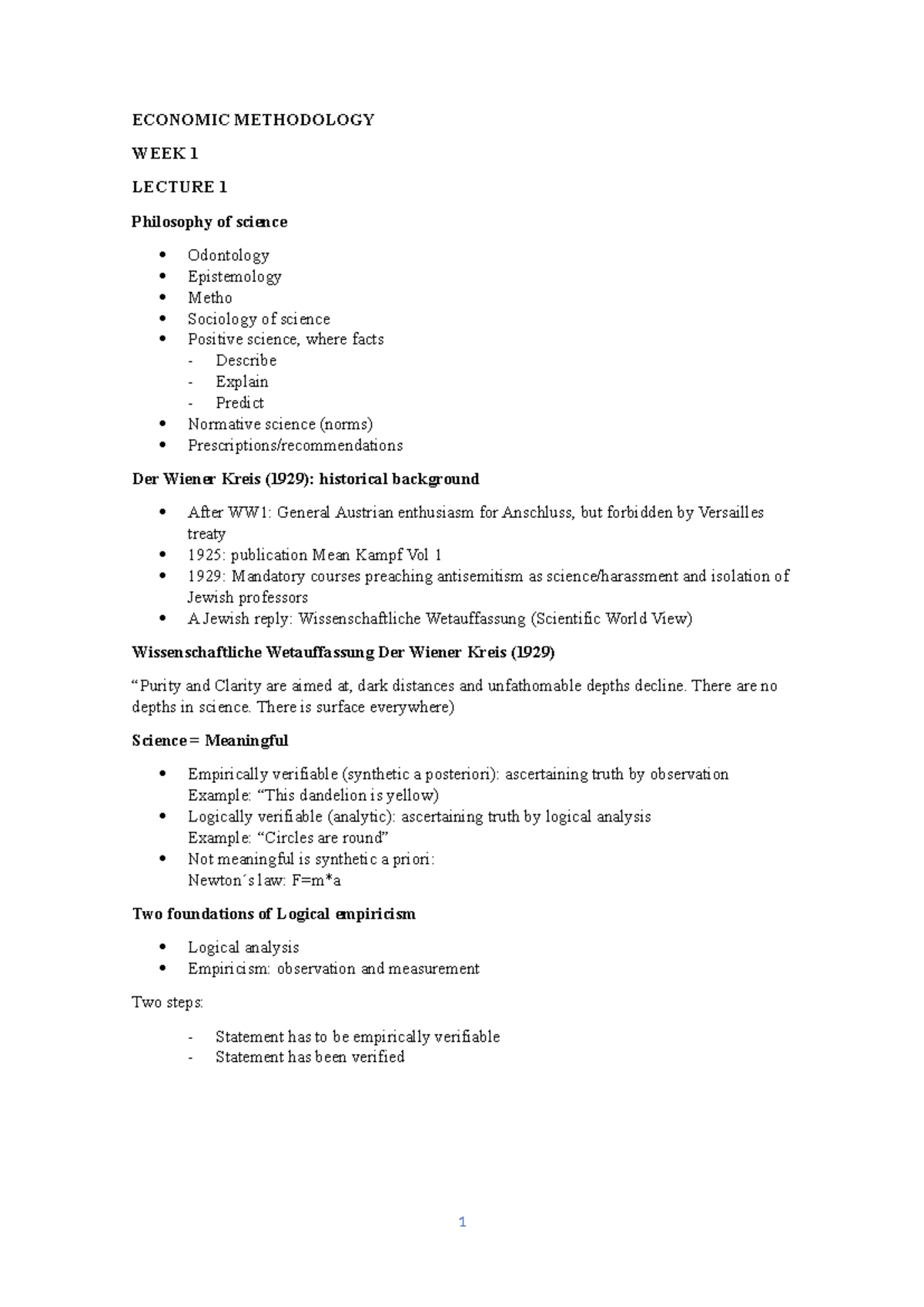 ECON 101: Week 1-5 Lecture Notes on Economic Methodology - Studeersnel