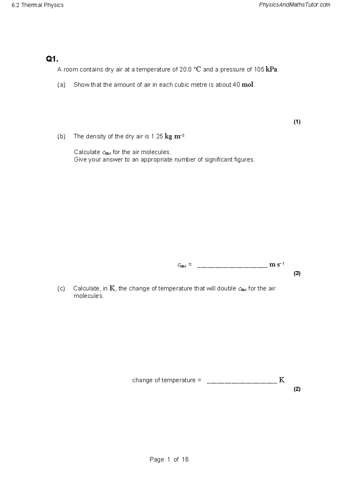 6.2 Thermal Physics QP - Comprehensive Exam Questions and Solutions ...