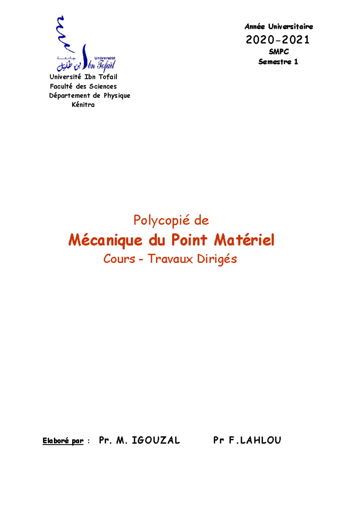 Mécanique du Point Matériel SMPC-S1 Cours Complet de Révision - Studocu