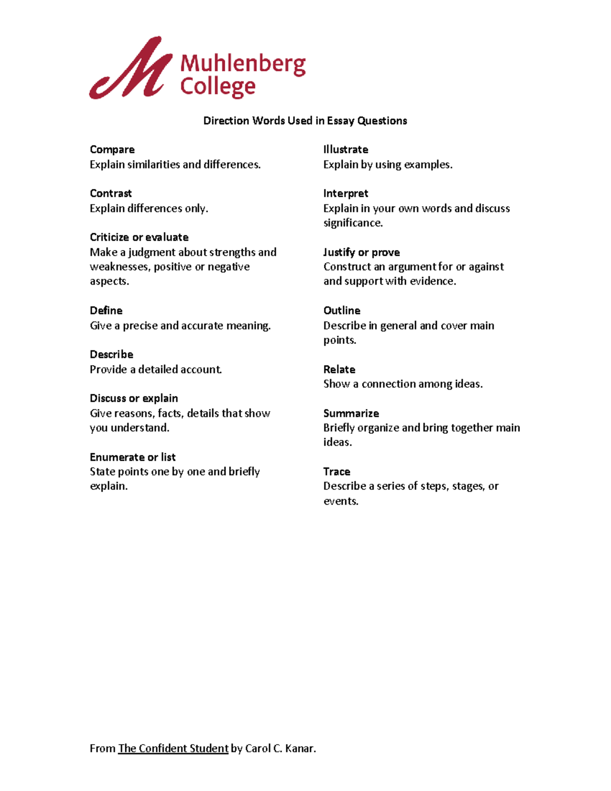 Direction Words for Essay Questions in The Confident Student (CS101 ...