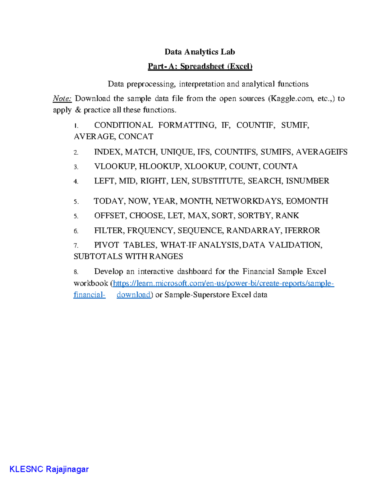 DA lab manual - prepraing - Data Analytics Lab Part- A: Spreadsheet (Excel) Data preprocessing ...
