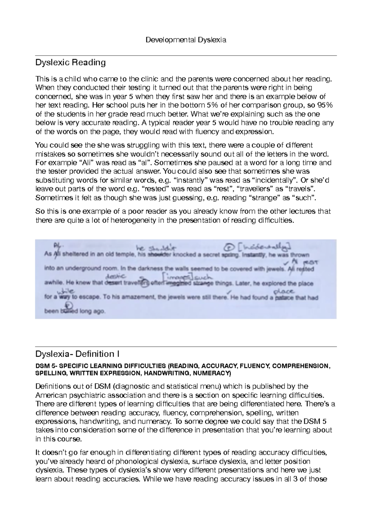 Developmental Dyslexia I Lecture and Tutorial Notes - Developmental ...