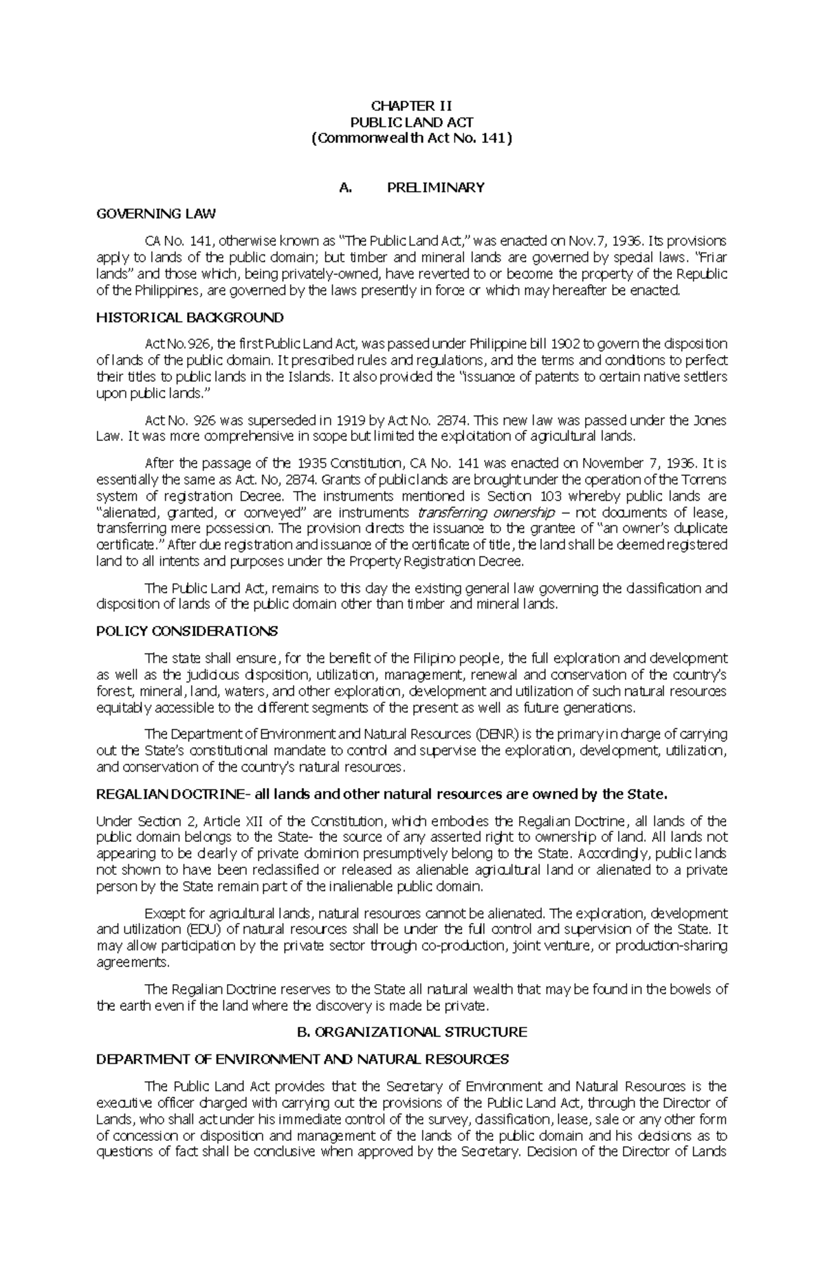 Chapter II CA 141 Summary - CHAPTER II PUBLIC LAND ACT (Commonwealth ...