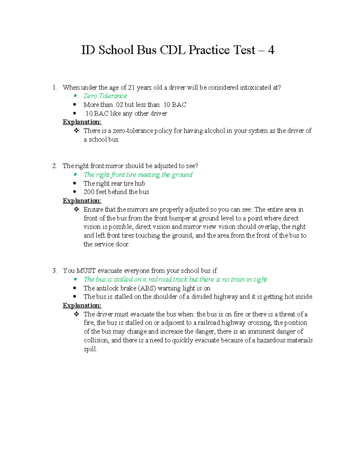 ID School Bus CDL Practice Test 4: Key Safety Guidelines - Studocu