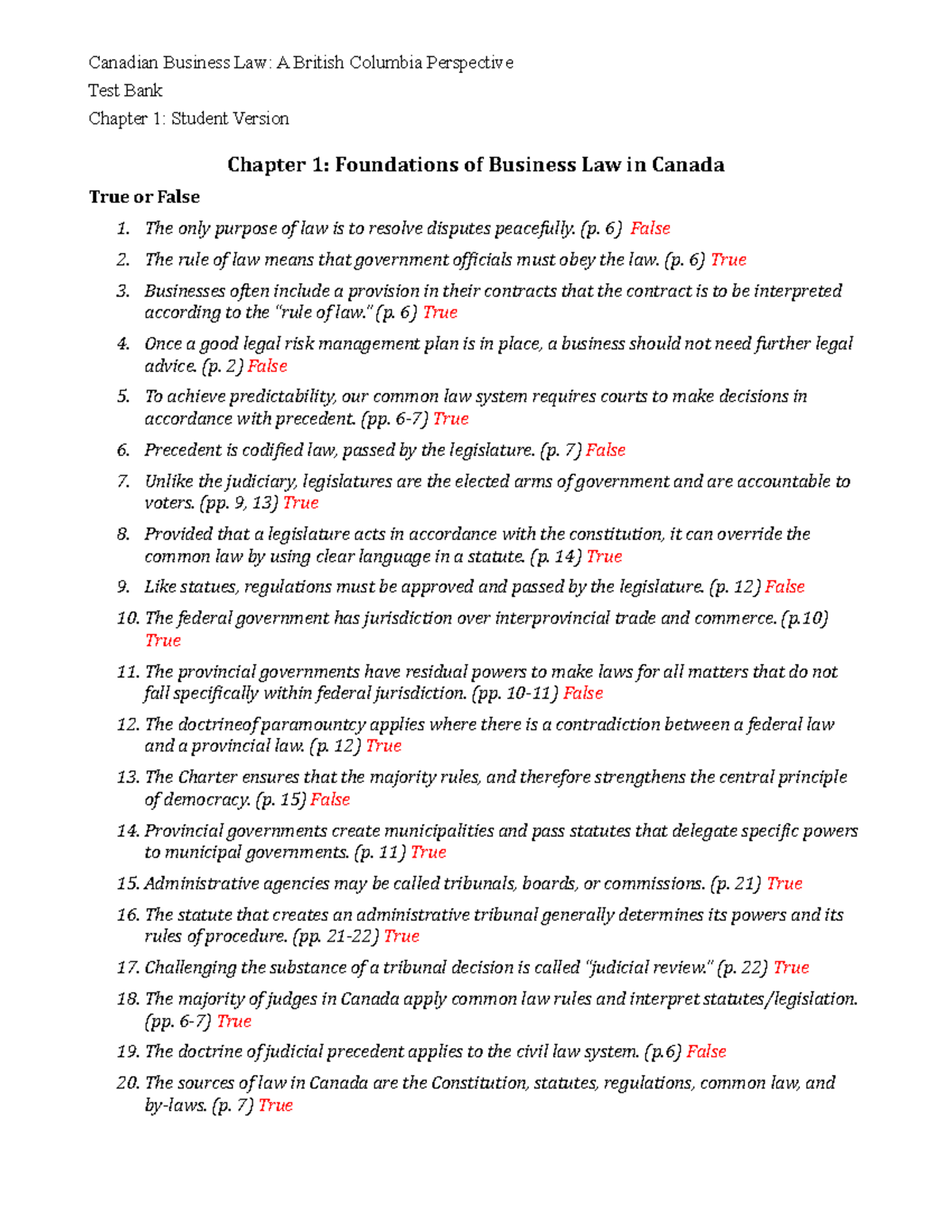 CBlbc TB 01 - Business Law Chapter 1 Test Bank and Review Answers - Studocu