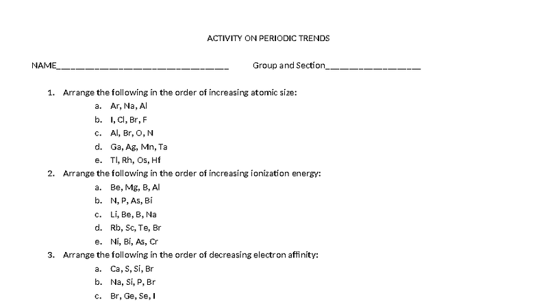 ACTIVITY ON PERIODIC TRENDS - Atomic Size & Ionization Energy - Studocu