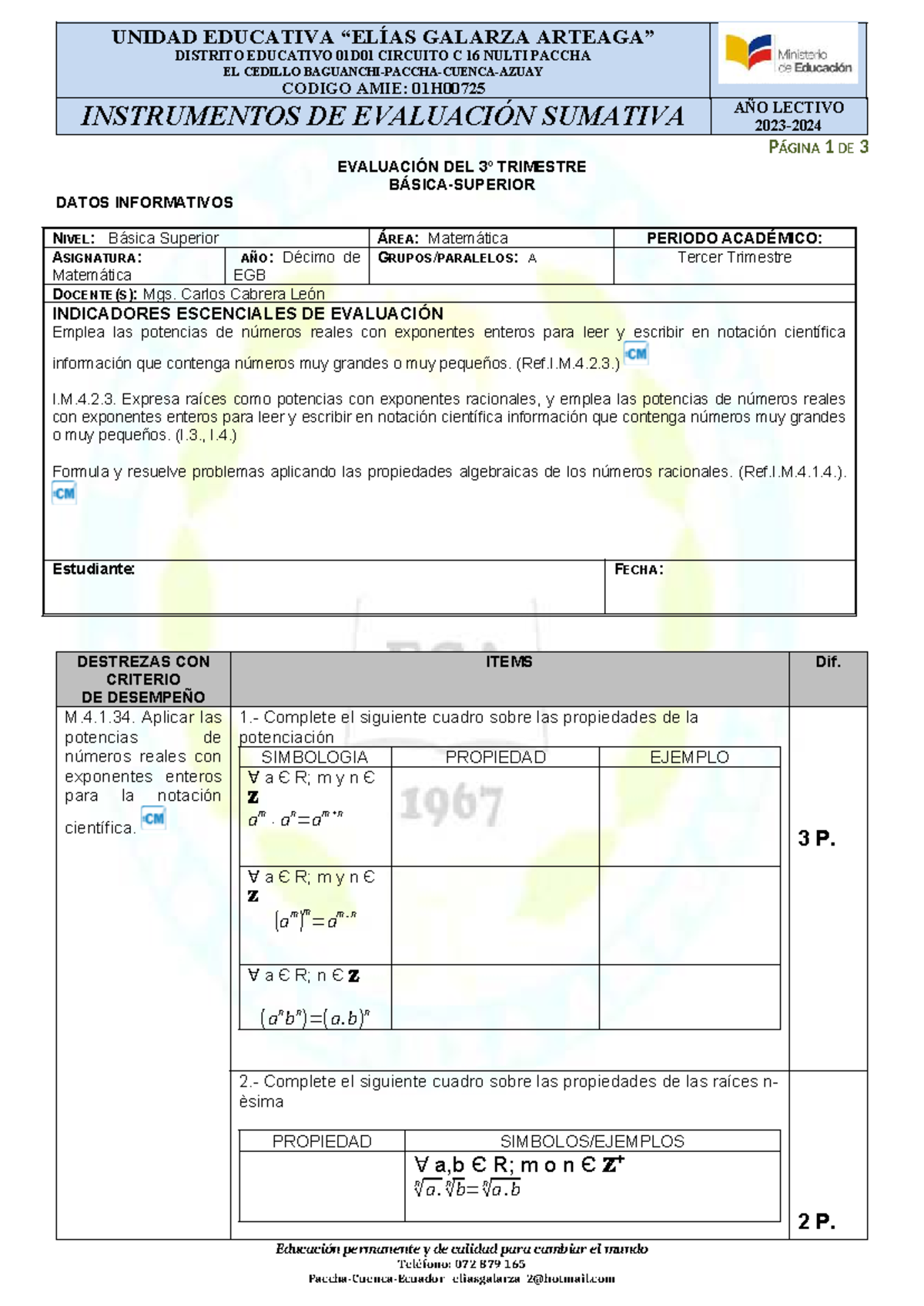 Instrumentos de Evaluación Sumativa - Matemática 10MO Tercer Trimestre - Studocu