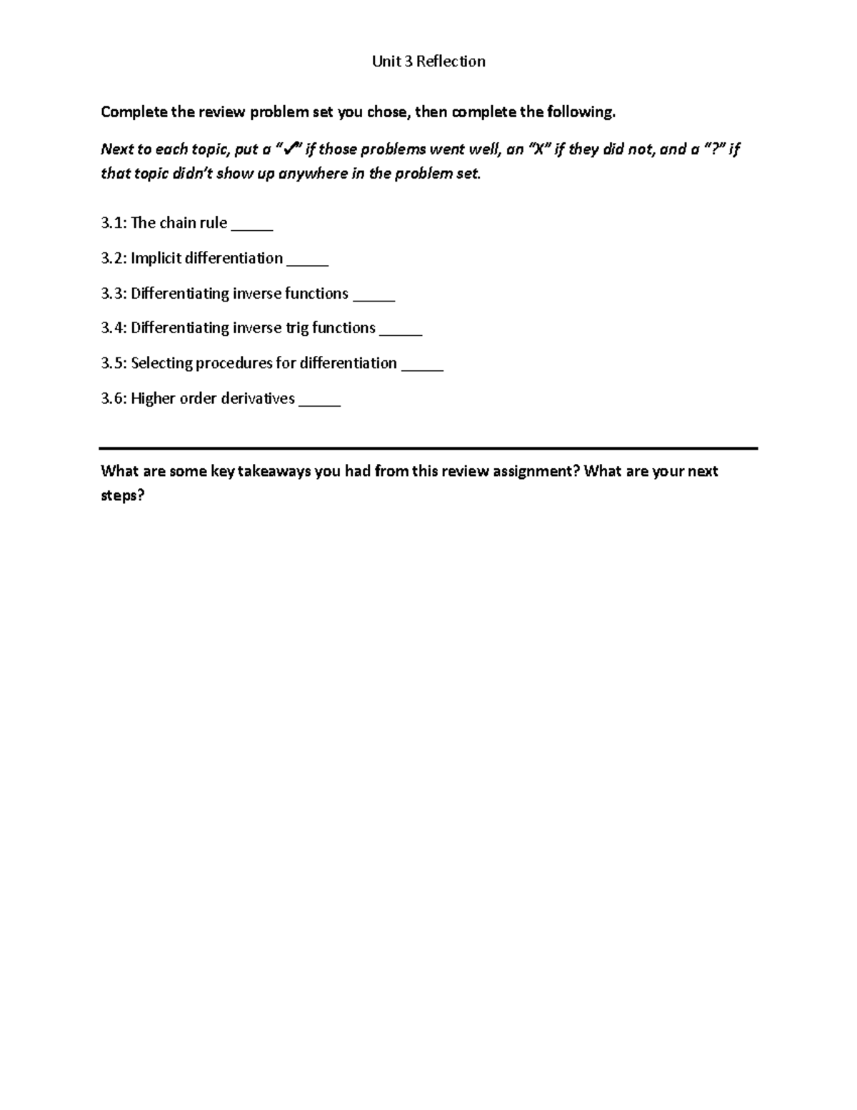 Unit 3 Reflection - Unit 3 Reflection Complete the review problem set ...