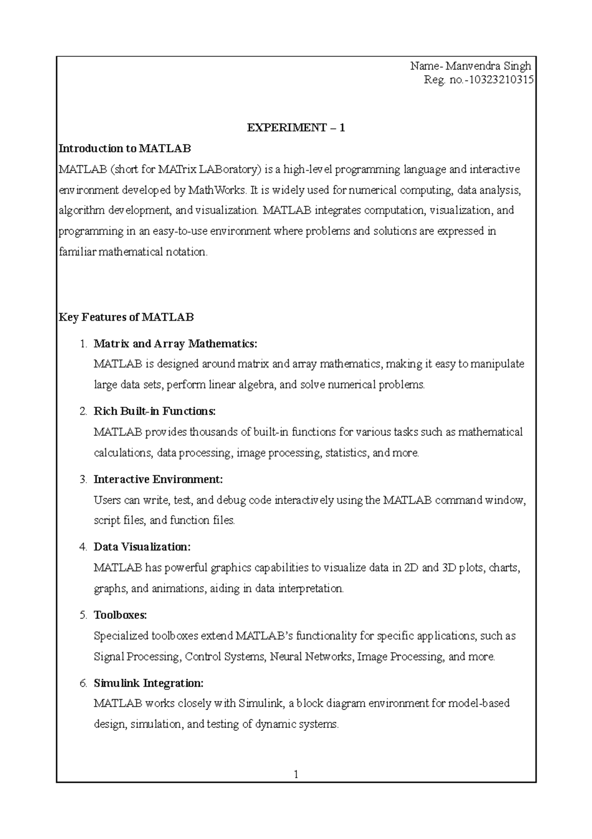 MATLAB Introduction & Overview - EXPERIMENT 1 (E-1) - Studocu