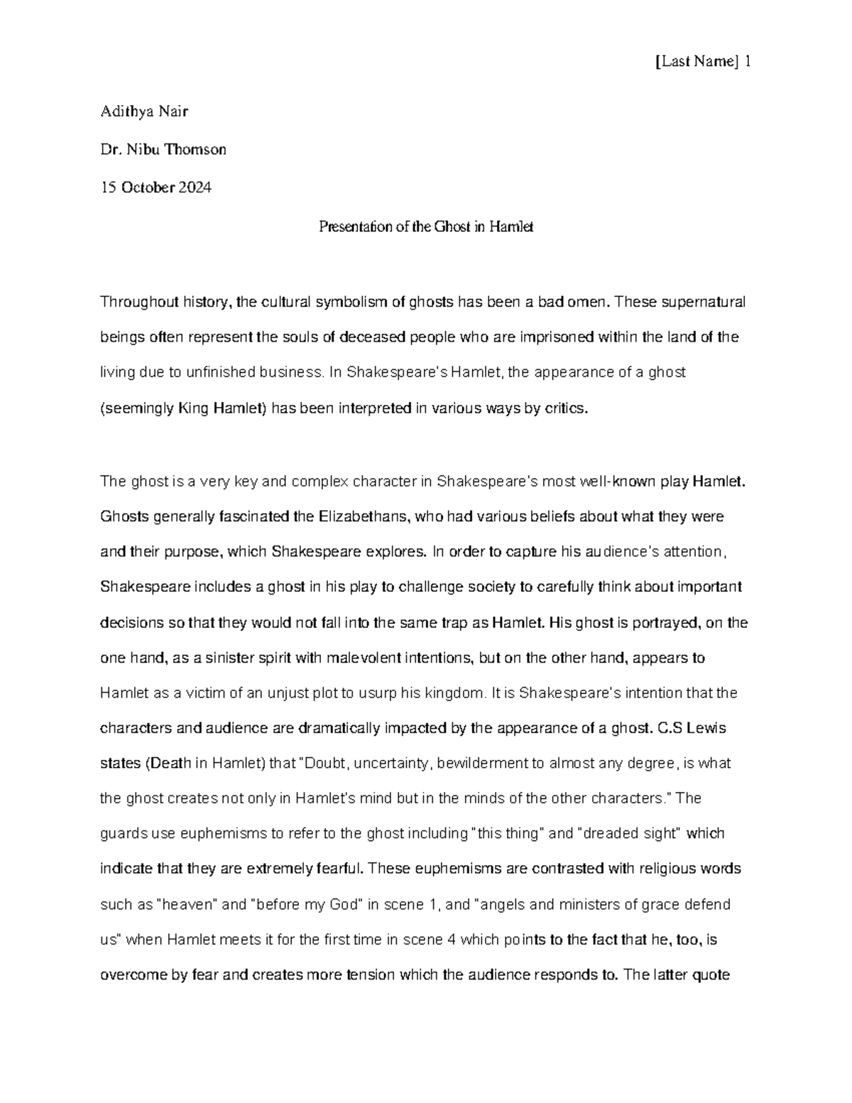 Analyzing the Symbolism of the Ghost in Shakespeare’s Hamlet (ENG 101 ...