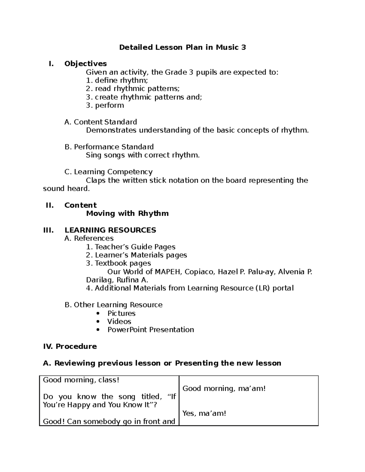 Detailed Lesson Plan in Music 3: Understanding Rhythm and Movement ...
