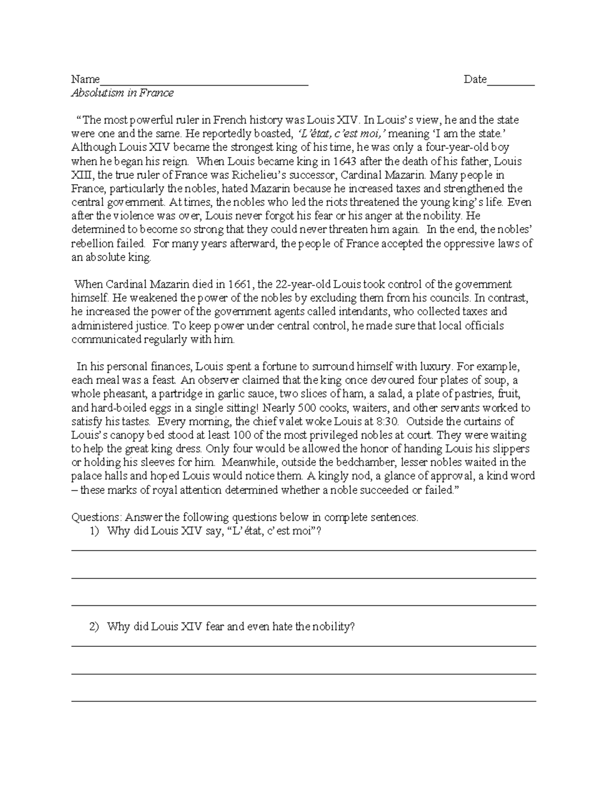 Absolutism in France: The Reign of Louis XIV and His Legacy - Studocu