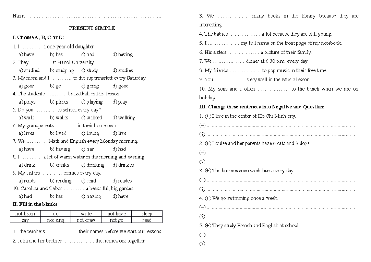 Present Simple Plural Subject - Name: - Studocu