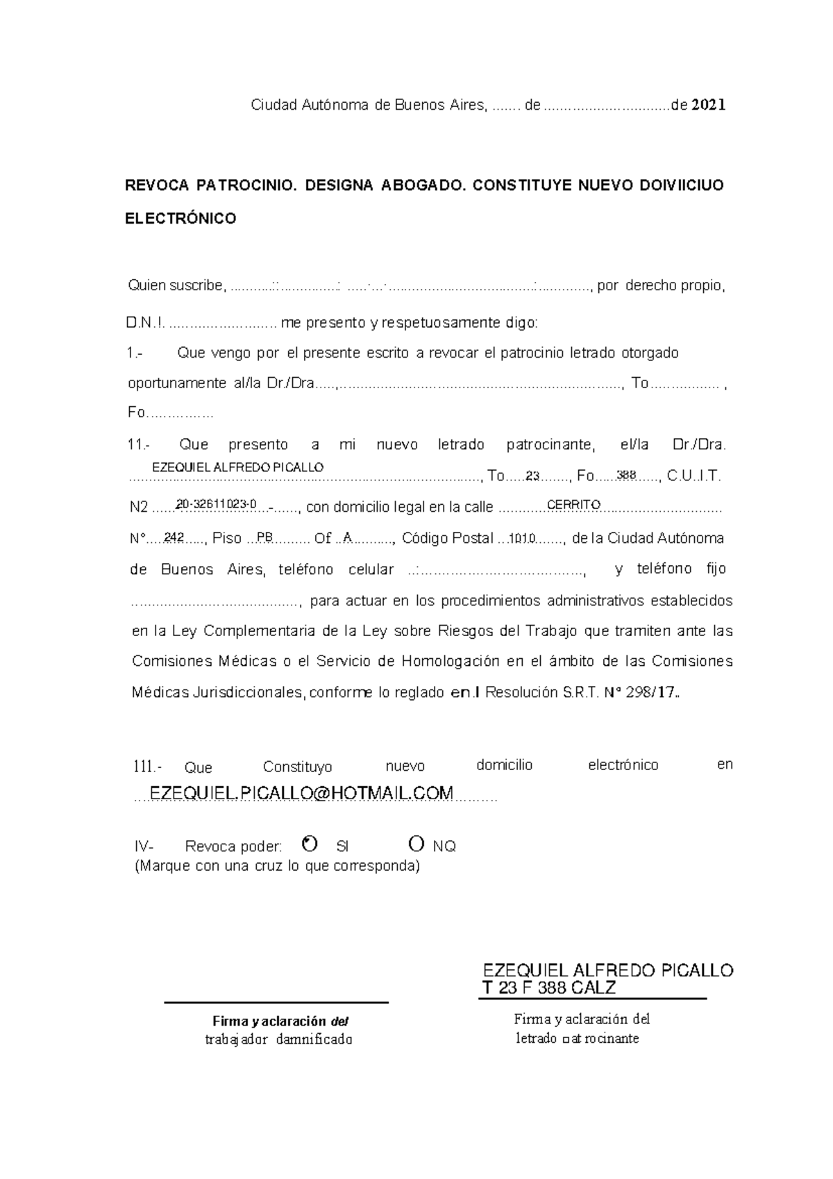 Revoca Patrocinio y Designación de Nuevo Abogado - Formulario Legal ...