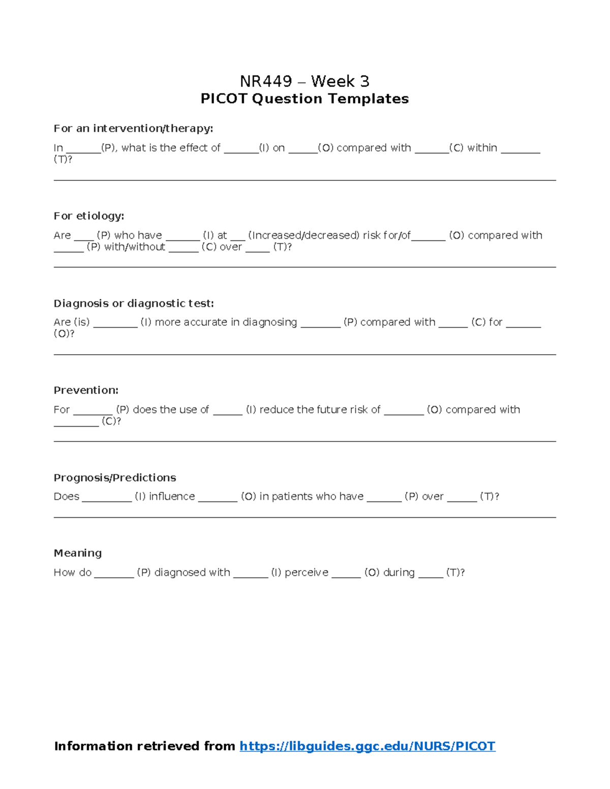 NR449 Week 3 PICOT Question Templates and Examples - Studocu