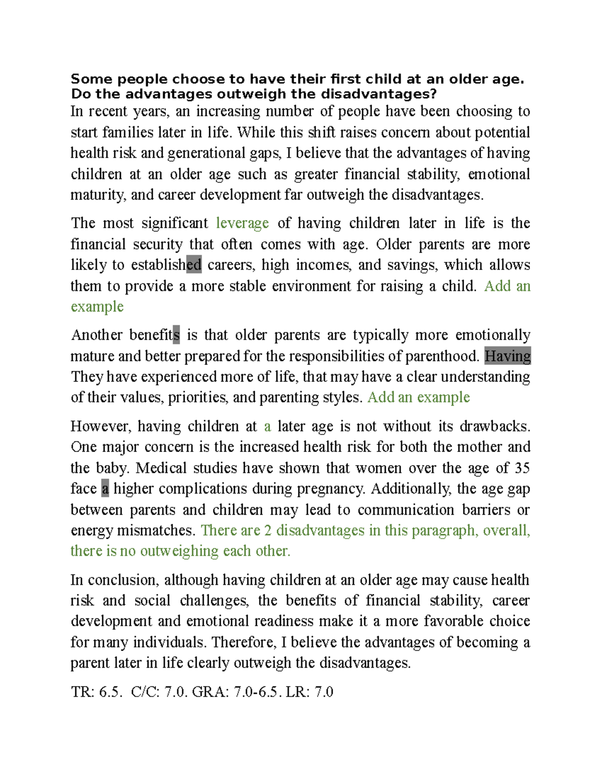 Advantages and Disadvantages of Late Parenthood: Essay Notes TR 6.5-7.0 ...