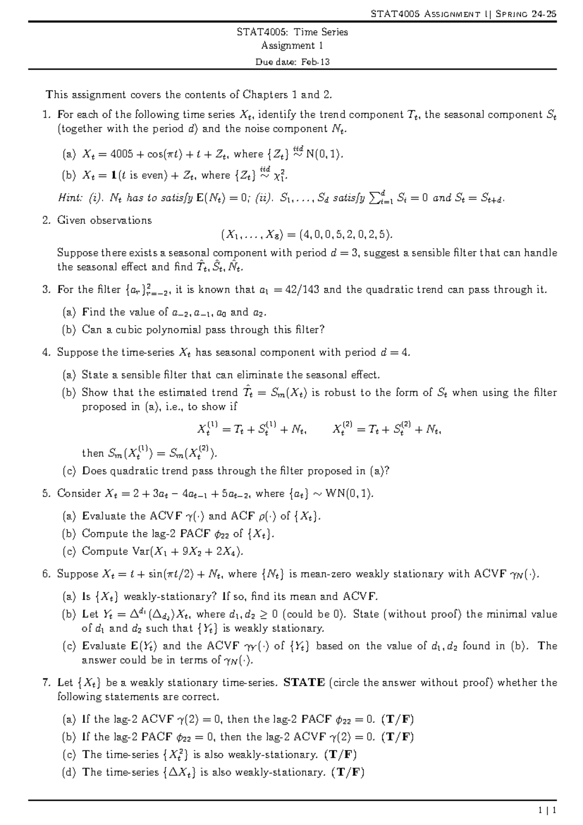 STAT4005 Assignment 1: Time Series Analysis for Spring 2024 - Studocu