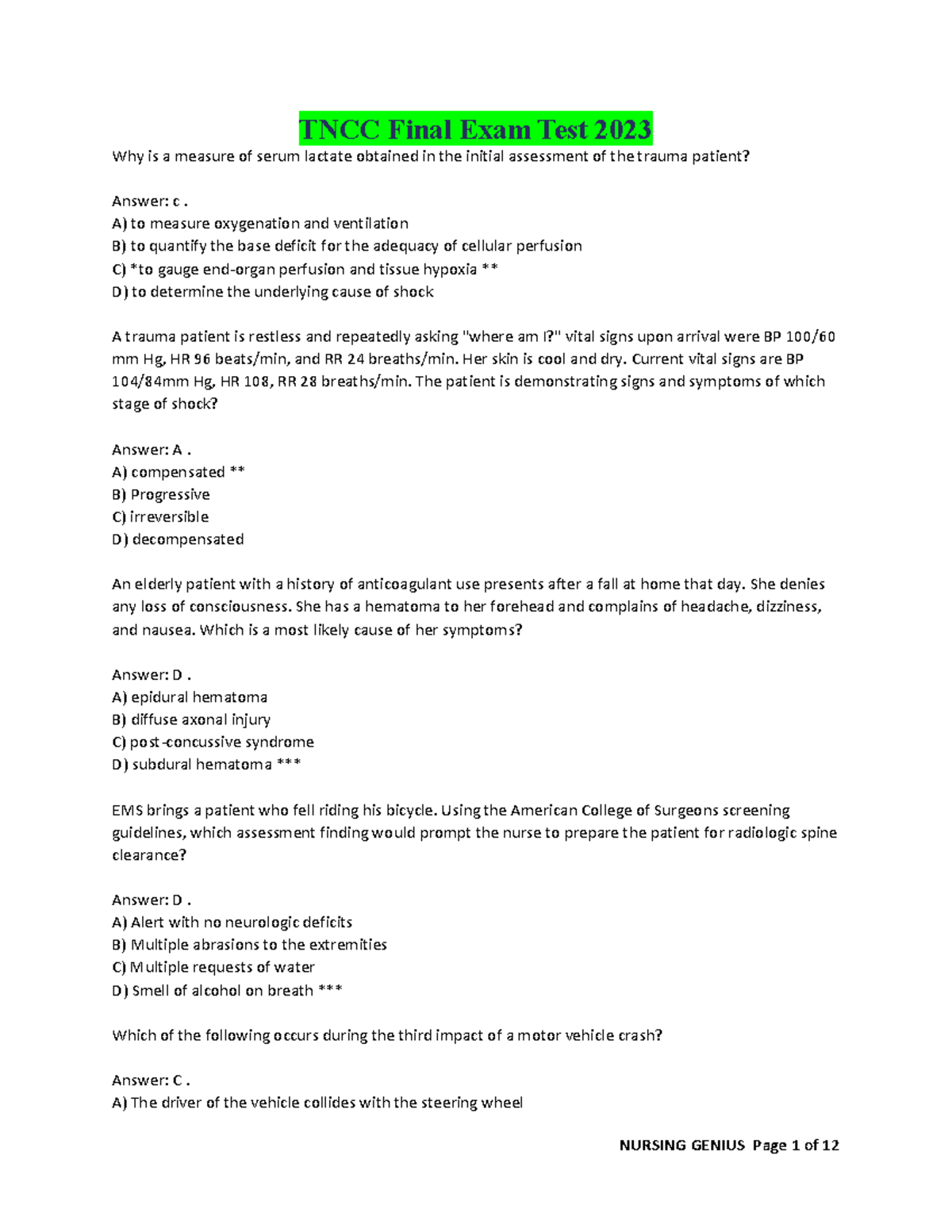 TNCC Final Exam Review 2023: Key Concepts and Trauma Management - Studocu