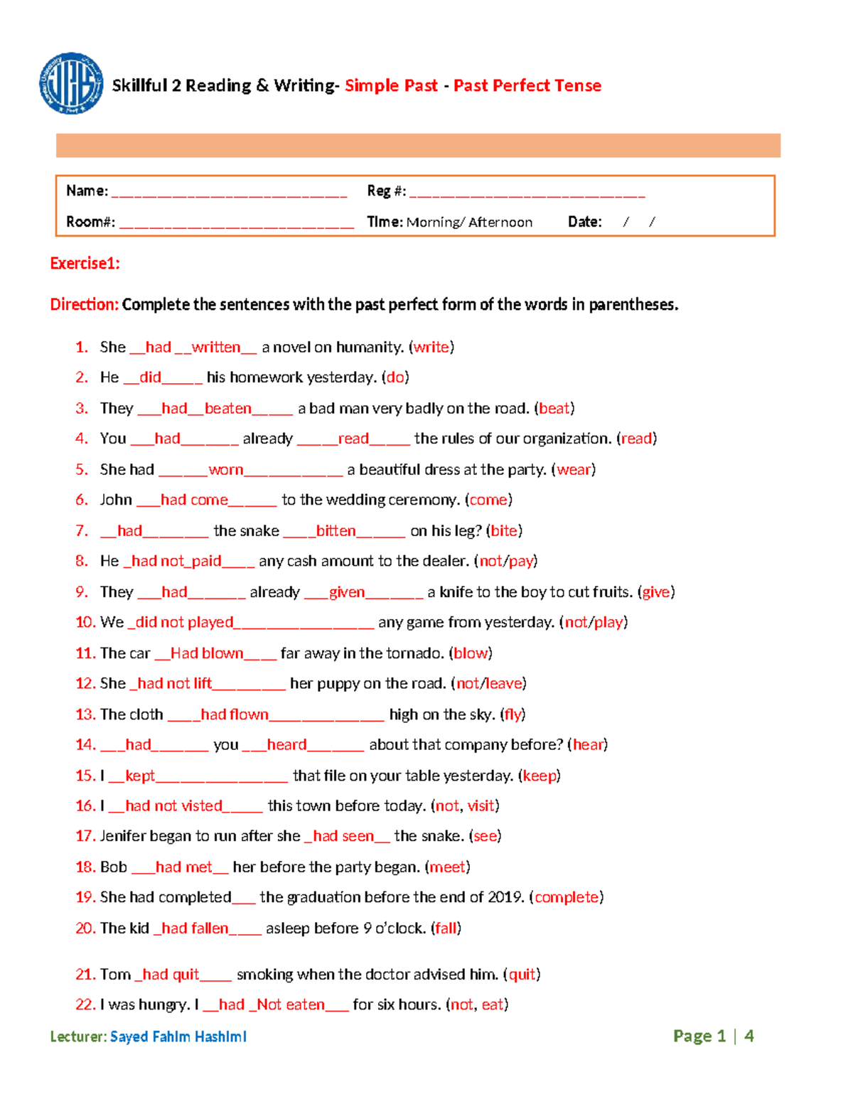 Past Perfect Tense Worksheet - Skillful 2 Reading - Studocu