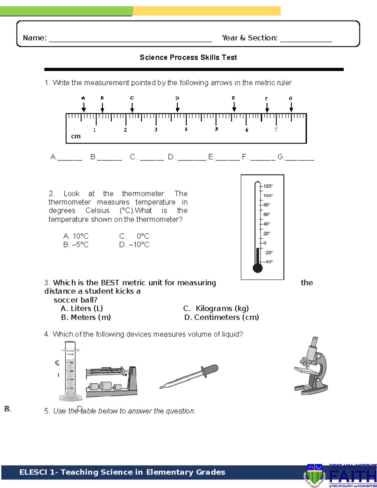 Science Process Skills Test - Exam Review for Measurement and ...