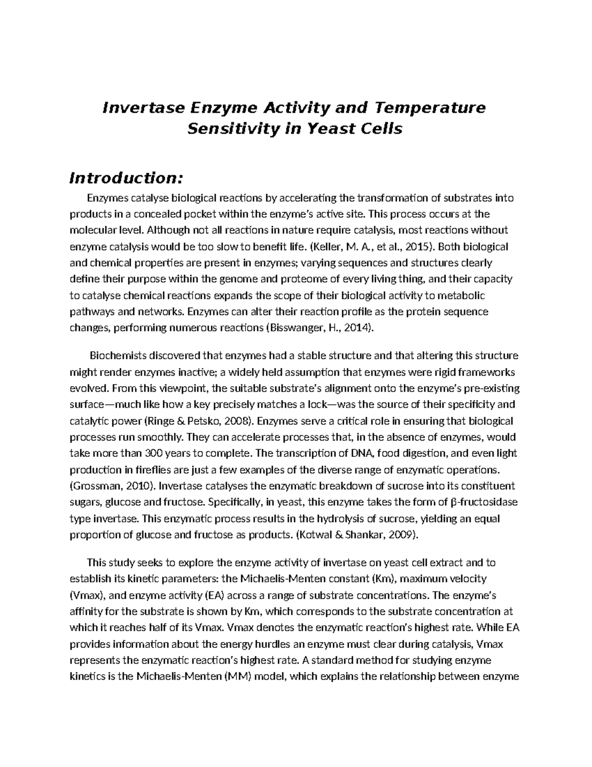Enzyme Kinetics of Invertase in Yeast Cells: A Lab Report (BIO 101 ...