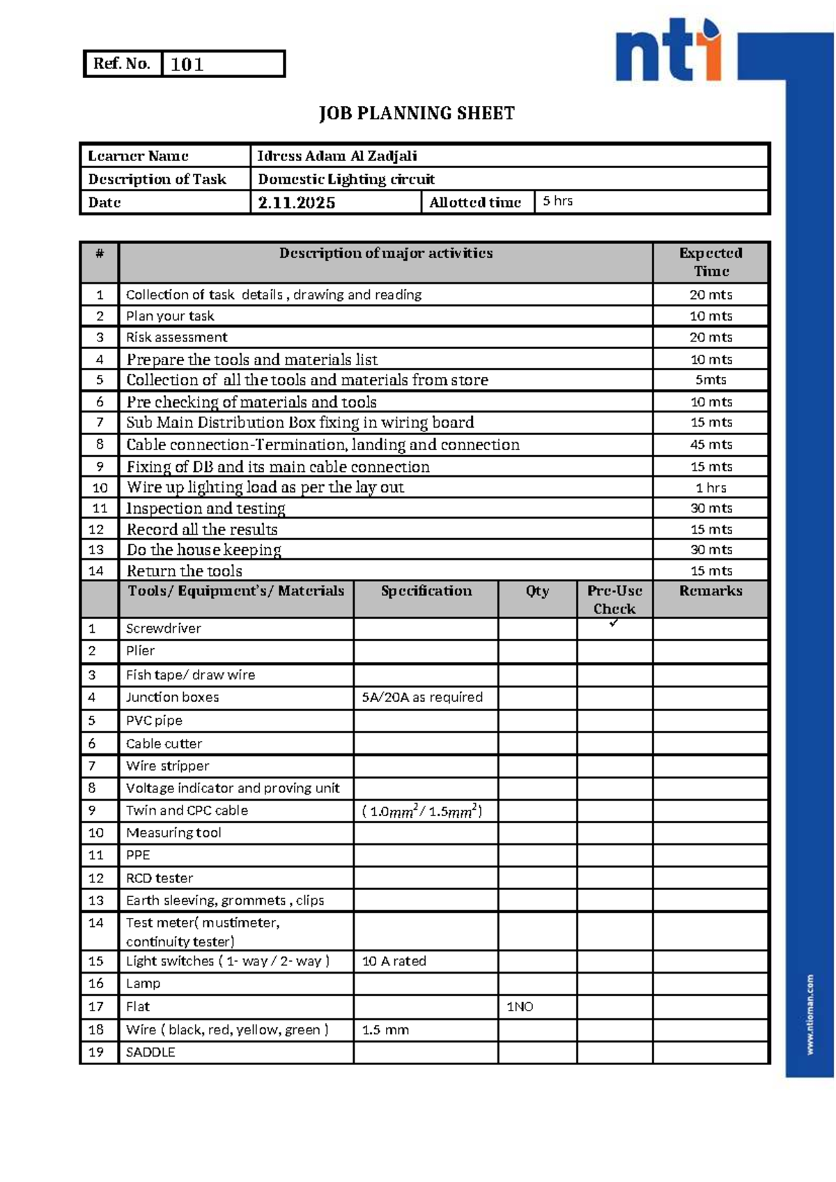 Ref. No. 101 Job Planning Sheet for Domestic Lighting Circuit - Studeersnel