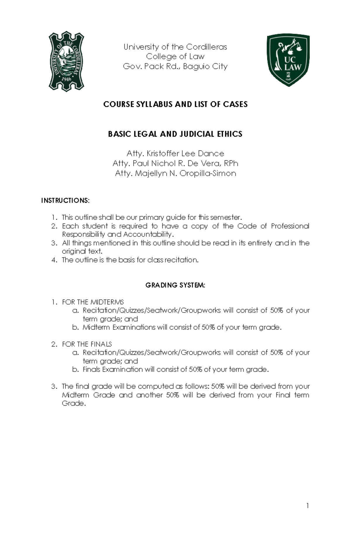 Syllabus for Basic Legal & Judicial Ethics with Case Studies (LAW 101 ...