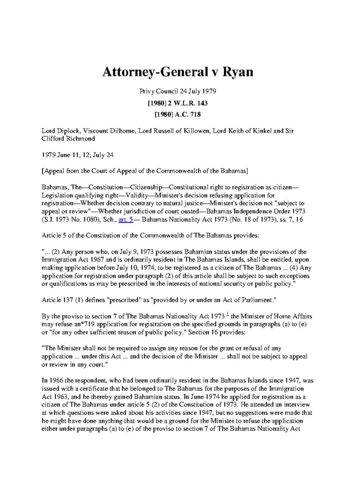 AG v Ryan - Case Summary on Bahamas Citizenship Decision Analysis - Studocu
