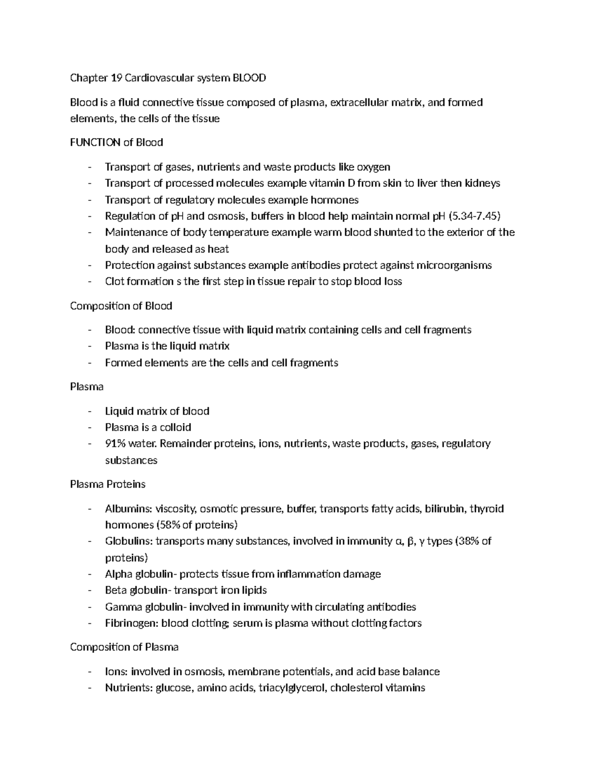 Chapter 19: Cardiovascular System - Overview of Blood Functions and ...