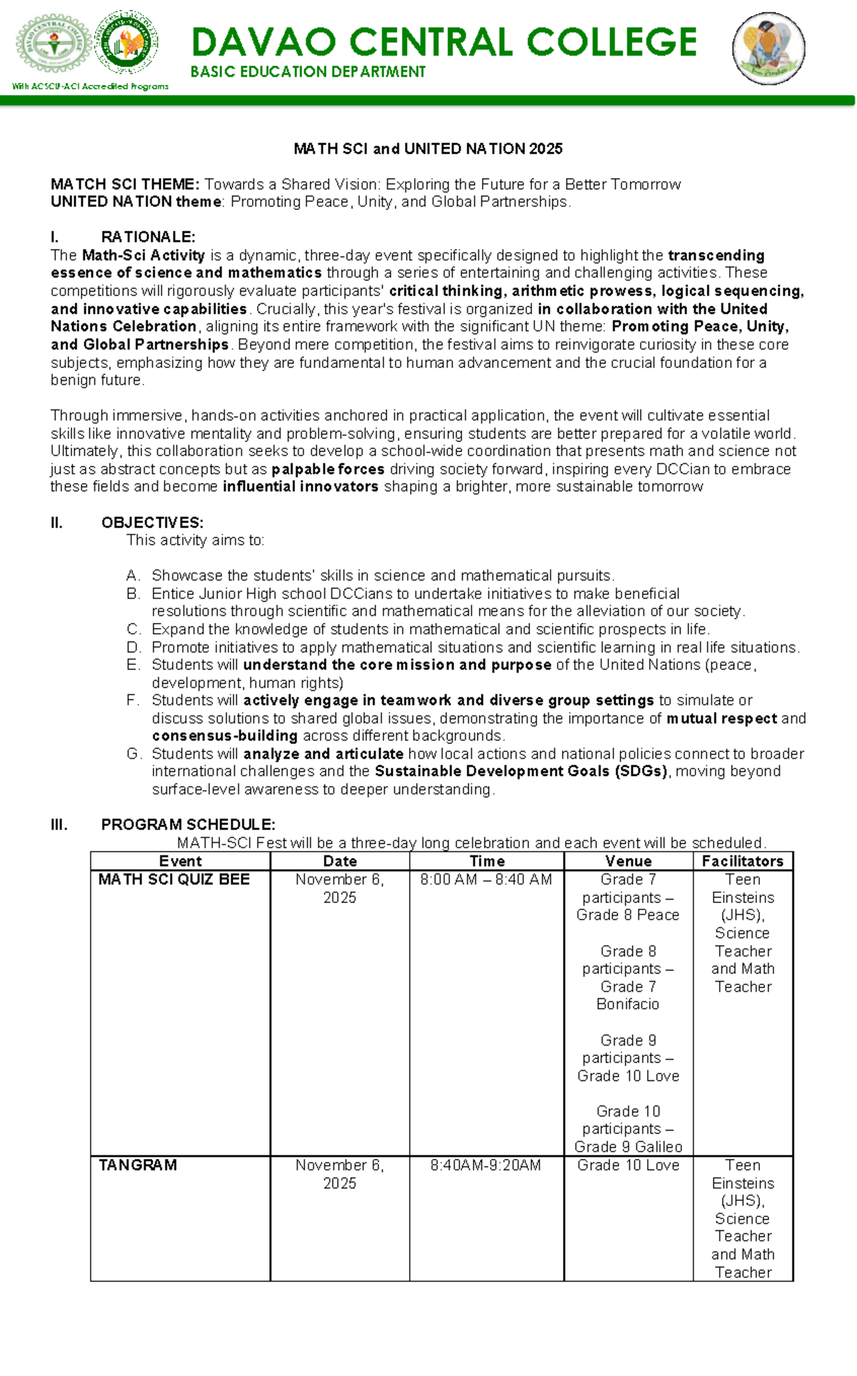 MATH SCI & UN 2025: Promoting Peace Through Science & Math Activities ...