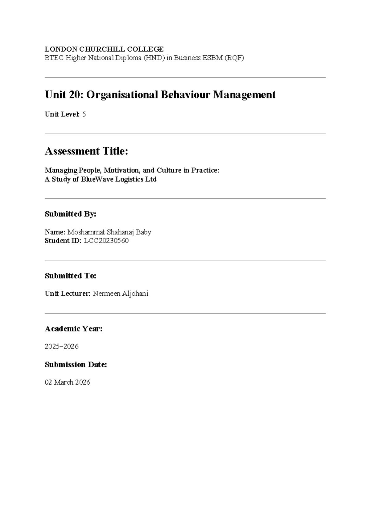 Managing People and Motivation: A Study of BlueWave Logistics Ltd (HND ...