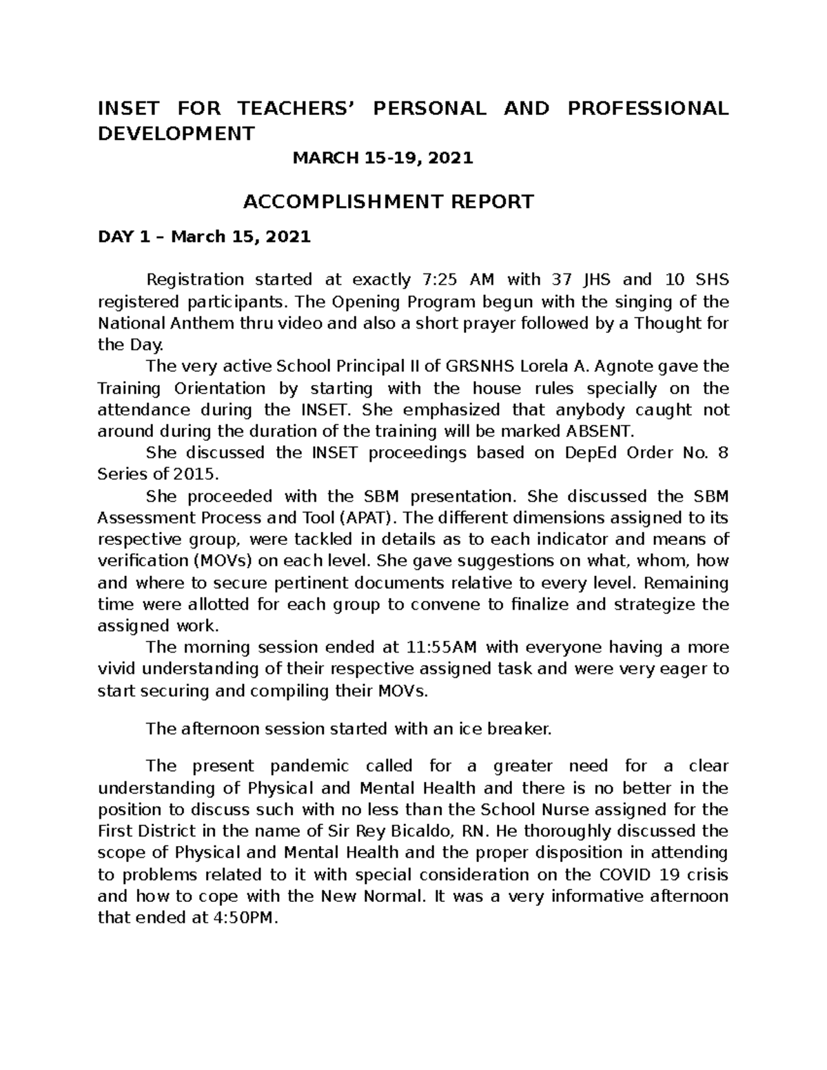 In-Service Training Accomplishment Report: March 15-19, 2021 - Studocu