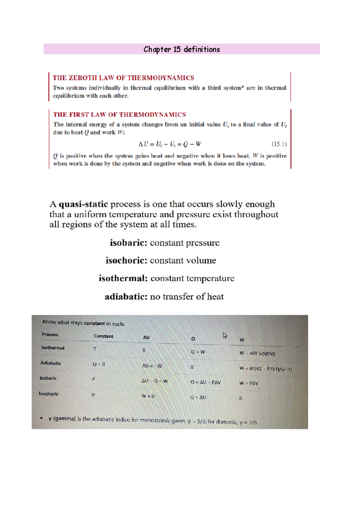 Chapter 15 Definitions: Zeroth & First Laws of Thermodynamics - Studocu